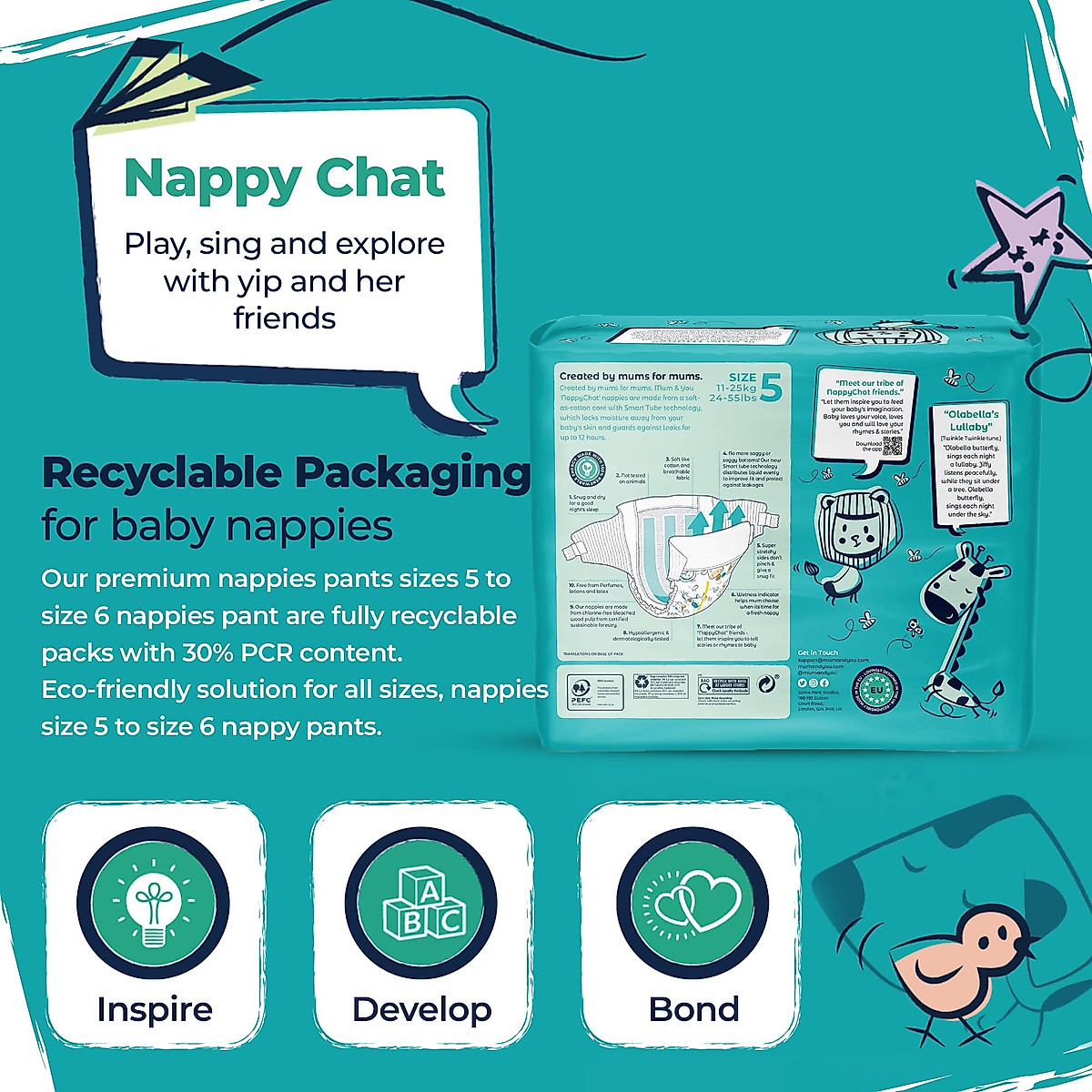 Mum & You Nappychat Premium Performance Eco Diapers, Size 5 (36 Diapers) Smart Tube Technology Leak Protection. 100% Recyclable. Hypoallergenic, Dermatologically-Tested. No Lotion, Perfume or Dyes.