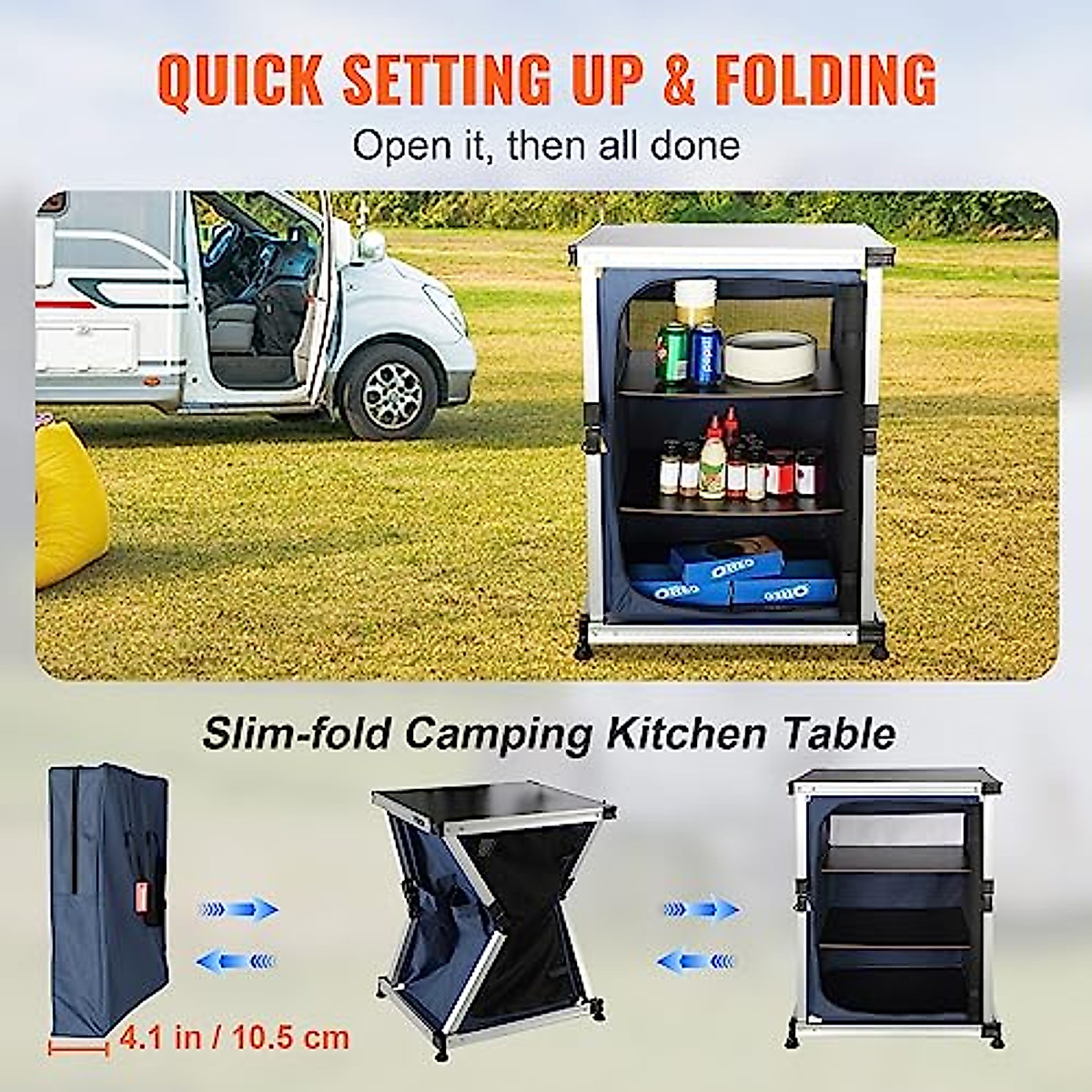 VEVOR Camping Kitchen Table Storage, Outdoor Pop-up Aluminum Portable Folding Cook Station with 3-Tier Organizer, Side Pocket & Carrying Bag, Quick Set-up for BBQ Party Backyard RV Traveling, Blue