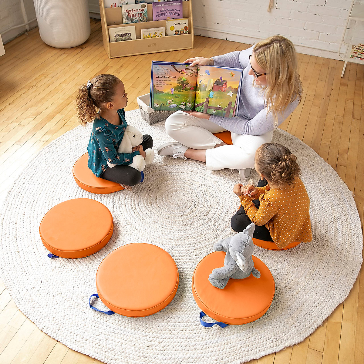 ECR4Kids SoftZone Floor Cushions with Handles, 2" Deluxe Foam, Round, Orange, (6-Pack)