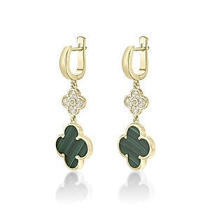 Lavari Jewelers Elegant Flower Drop Earrings for Women - Green Malachite & Cubic Zirconia in 925 Sterling Silver Clover Dangle Earrings - Hypoallergenic Yellow Gold Plated - Secure Hinge Post
