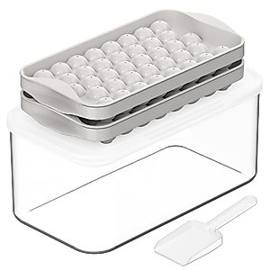 DOQAUS Round Ice Cube Trays with lid and Bin, 2 Pack Easy Pop Out Ice Trays for Freezer with Cover, Compact Circle Ice Cube Trays for Frezzer, Sphere Ice Cube Tray with Storage Ice Bucket Kits, Scoop