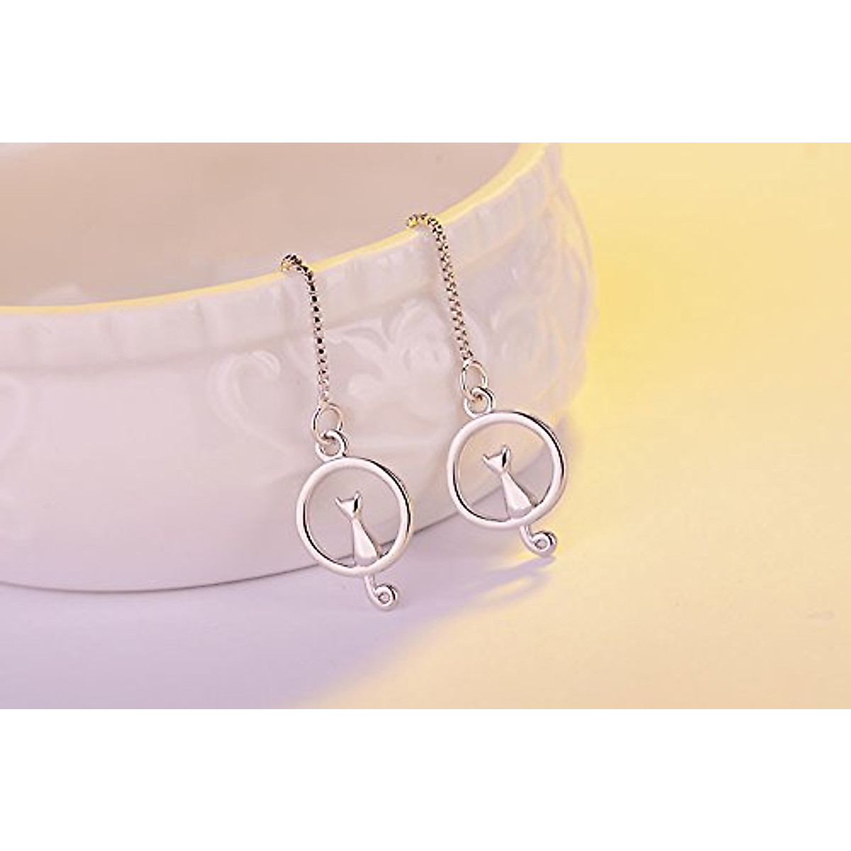 White Gold Plated Long Tassel Chain Sweet Cat on Moon Dangle Drop Threader Earrings for Women