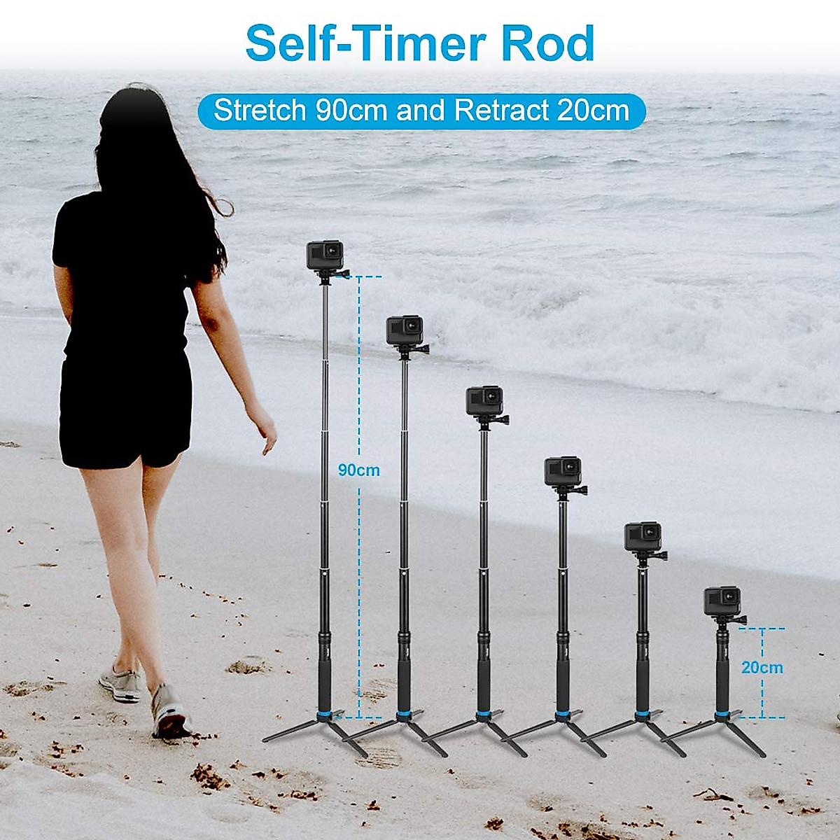 Selfie Stick Tripod Stand w Phone Mount, 35.4" TELESIN Aluminum Extension Pole Monopod for GoPro Max Go Pro Hero 12 11 10 9 8 7 6 5, Insta360 X3 Insta 360 Go 2 Go 3, DJI Action 3 4 Accessories