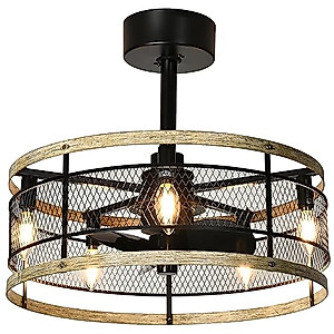 YITAHOME 20'' Modern Enclosed Ceiling Fan Indoor with Remote Control, Caged Industrial Ceiling Fan, Reversible Motor, 6 Speeds, Timer, for Living Room, Bedroom, Kitchen, Black & Oak