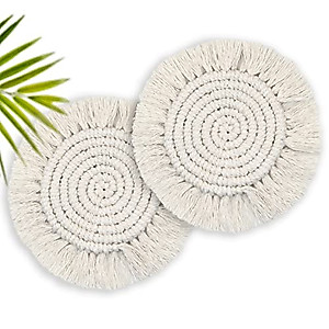 Coasters for Drinks Absorbent, Boho Coasters for Wooden Table, Farmhouse Drink Coaster Set for Kinds of Mugs and Cups, Cute Macrame Coasters for Housewarming Gift, 2PCS Round, Beige