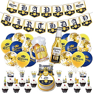 Corona Beer Themed Party, Men Women Boys Girls Birthday Party Balloon Decorations, Include Birthday Happy Banner, Cupcake Decoration, Aluminum Film latex 34 pcs Kit