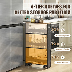 IFANNY Slim Storage Cart, 4-Tier Rolling Cart with Handle, Laundry Cart Between Washer and Dryer, Wood Spice Rack Next to Fridge, Narrow Shelving Unit for Kitchen, Bathroom, Small Spaces (Gray)