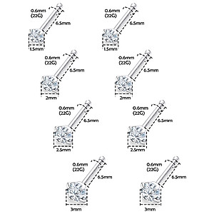 Lsnevsie Nose Rings Studs for Women 22G 316L Surgical Stainless Steel Straight Silver Opal Hypoallergenic Nose Nostril Stud Ring Pin Bone Body Piercing Jewelry for Men Diamond CZ 1.5mm 2mm 2.5mm 3mm