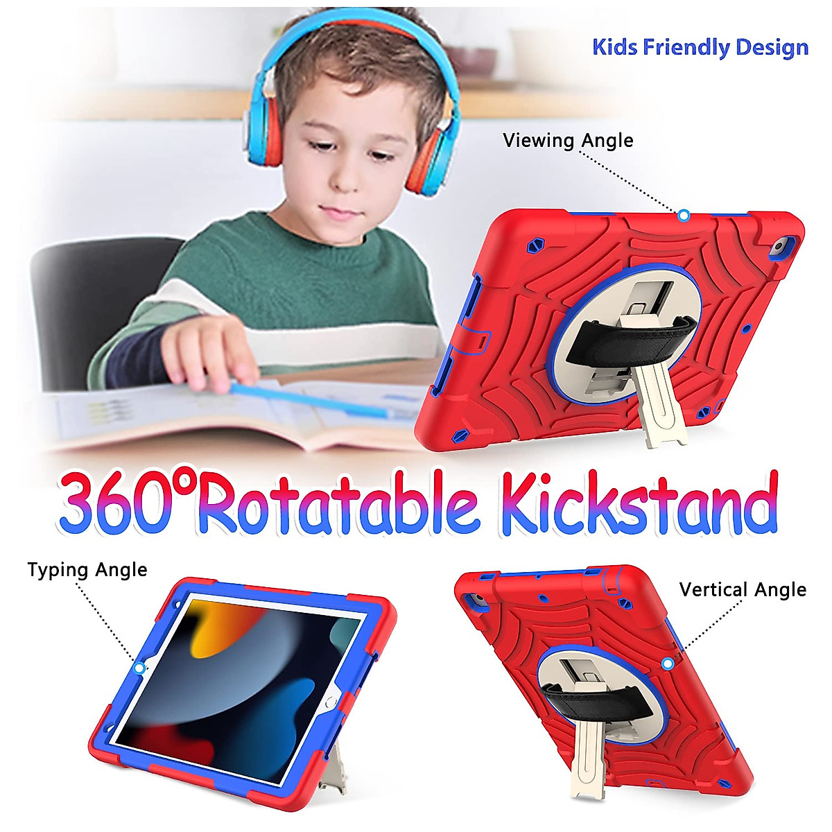 BMOUO Case for iPad 9th/8th/7th Generation - 10.2 Inch 2021/2020/2019 with Screen Protector, 360 Rotating Stand Hand & Shoulder Strap Shockproof Kids Case for iPad 9/8/7 Gen, Red