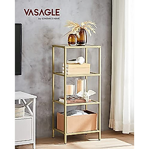 VASAGLE Bookcase, 4-Tier Bookshelf, Slim Shelving Unit for Bedroom, Bathroom, Home Office, Tempered Glass, Steel Frame, Gold Color ULGT28G