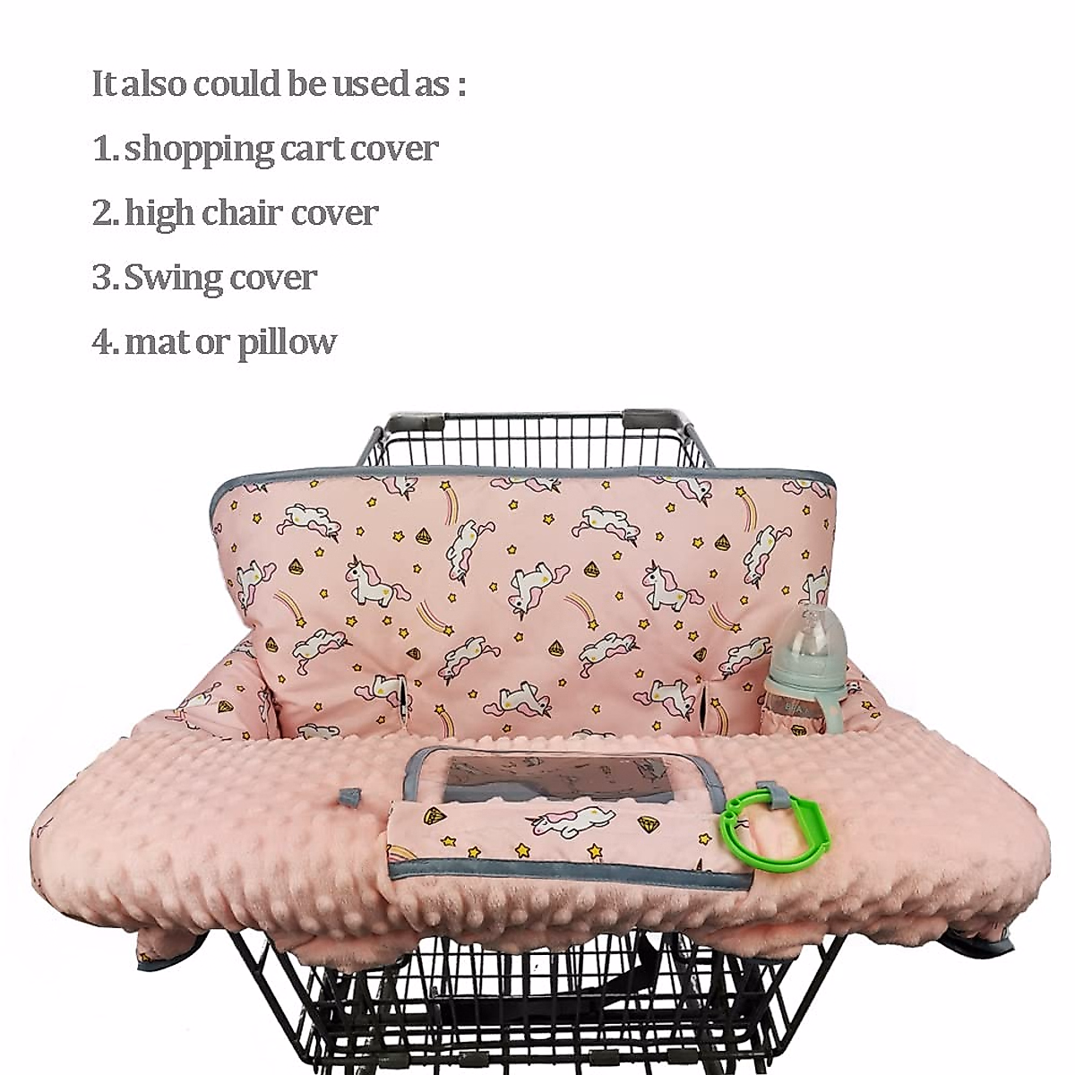 RHYDEER Shopping cart Cover for Babies-high Chair Cover, Dotted Minky Touching, Multi in 1 Design, 360 Full Protection, roll in and go, Universal fit, Pink Unicorns