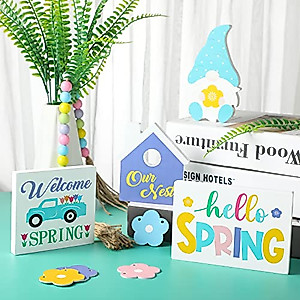 10 Pieces Easter Tiered Tray Decoration Hello Spring Tiered Tray Decor Farmhouse Wood Decor Fresh Flower Market Home Gnome 3D Sign Seasonal Bloom Butterfly Kitchen Wooden Ornament (Flower Style)