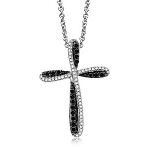 Jewelili Sterling Silver Cross Pendant Necklace with Treated Black and Natural White Round Diamonds, 1/3 cttw, 18" Rolo Chain