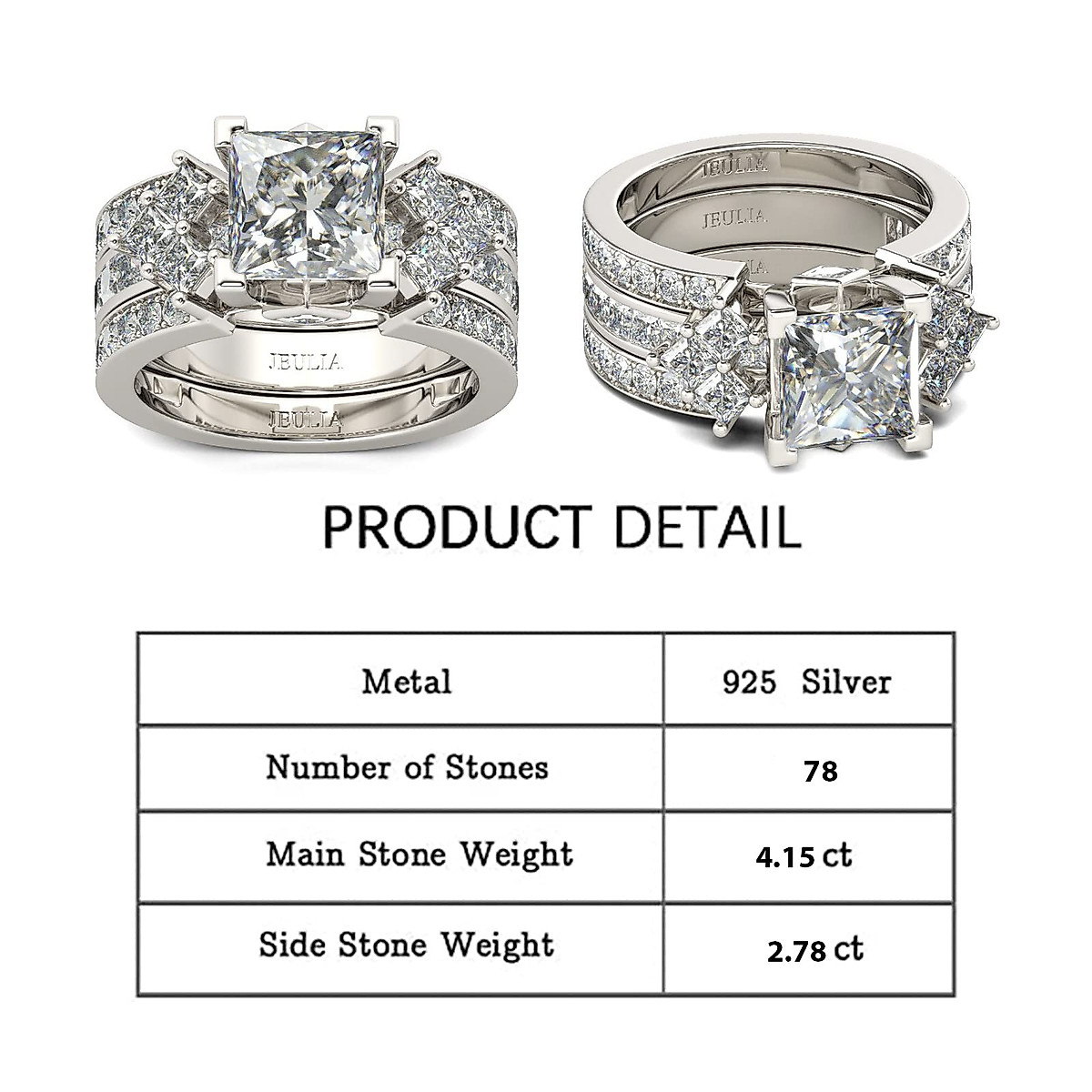 Jeulia 4.1 Carat Bridal Ring Sets for Women Princess Cut Engagement Rings Sterling Silver Wedding Band Interchangeable Rings Promise Anniversary with Jewelry Box (White, 7)