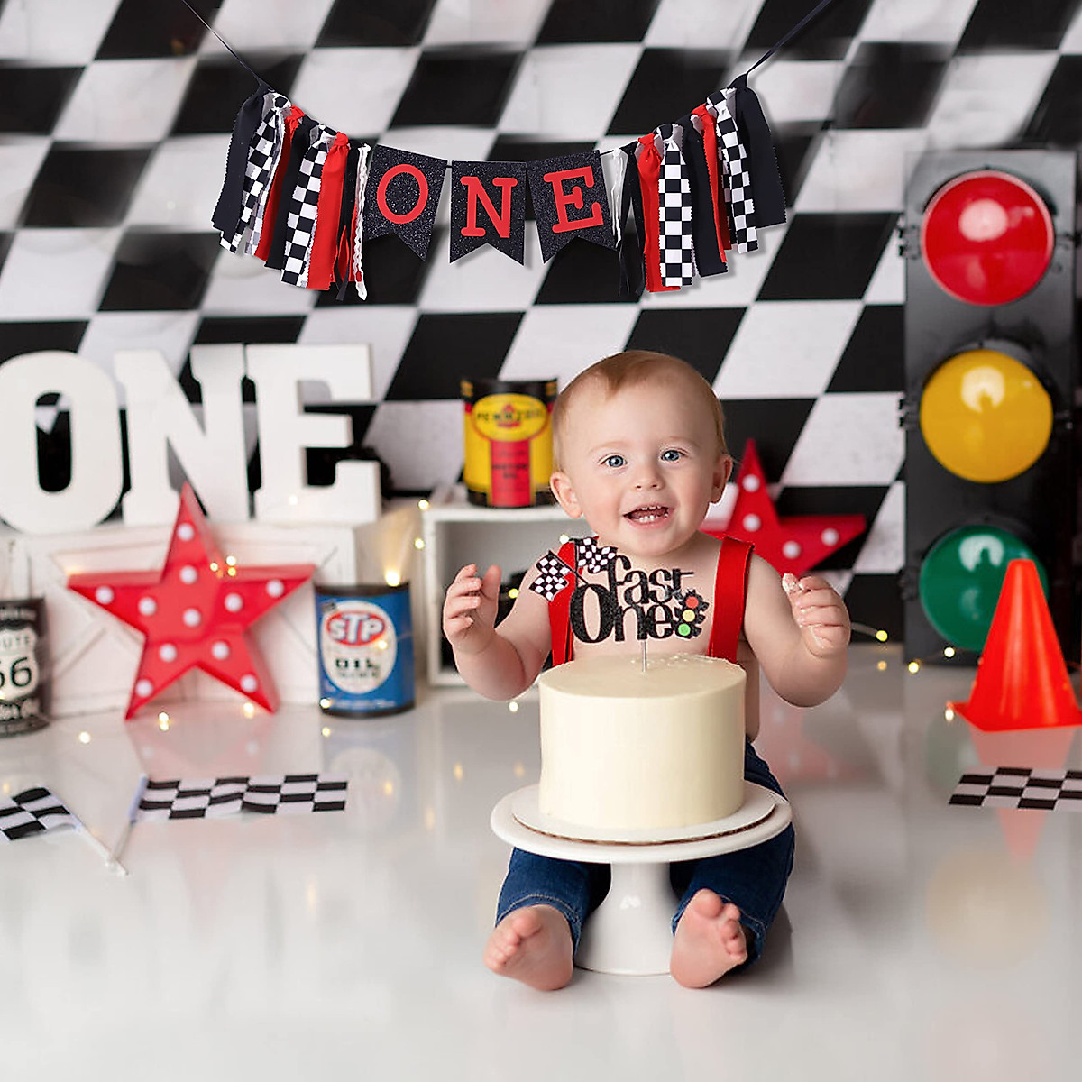 Racing High Chair Banner,Racing First/1st Birthday Party Decorations,racing First/1st High Chair Banner,checkered Flag Racing Birthday Decorations, Race Car First Birthday Cake Smash Photo Props