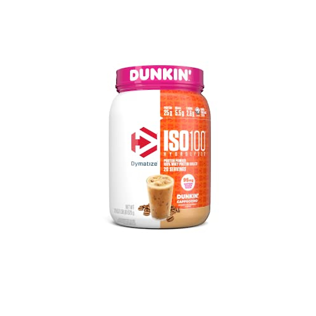 Dymatize ISO100 Hydrolyzed 100% Whey Isolate Protein Powder in Dunkin' Cappuccino Flavor, 25g Protein, 95mg Caffeine, 5.5g BCAAs, Gluten Free, Fast Absorbing, Easy Digesting, 21.5 Oz