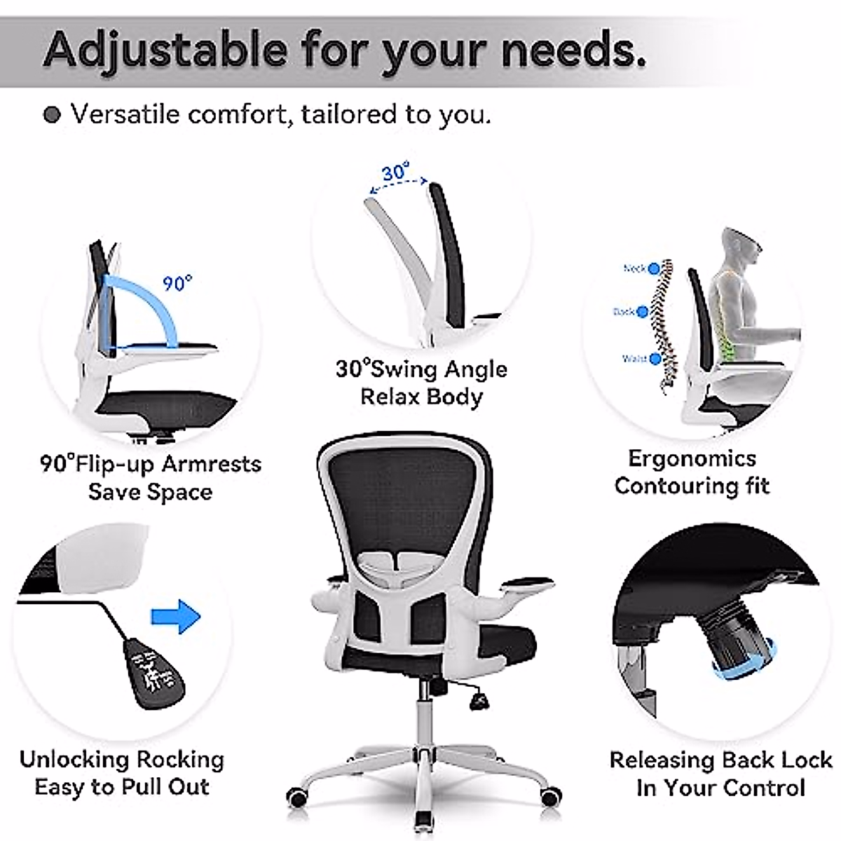 FFIJJ Office Chair,Ergonomic Office Chair,Breathable Mesh Desk Chair, Lumbar Support Computer Chair with Flip-up Armrests, Executive Rolling Swivel Task Chair,Home Office Desk Chair (White)