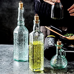 Bormioli Rocco Set Of 2 Country Home Fiesole Bottle, 24-ounce With All Natural Cork Lid, Blue-green Tinted Star Glass, Elegant And Floral Design Made In Italy.