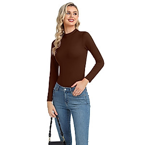 Women Thermal Shirt Fleece Lined Long Sleeve Soft Stretchy Mock Neck Tee Tops Coffee Small