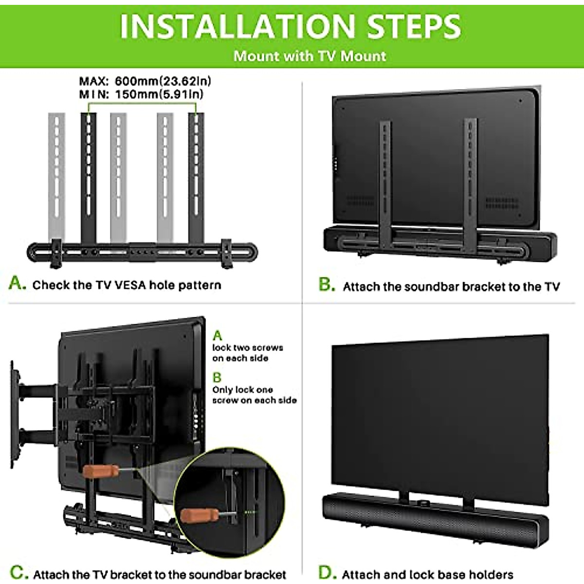 USX MOUNT Universal Soundbar Mount Sound Bar Mounting Bracket to TV, Soundbar Wall Mount Fits 3 Options with Hole/Without Hole Installation, Extendable 3.4-6.06" No-Slip Base Holder, Max VESA 600x400