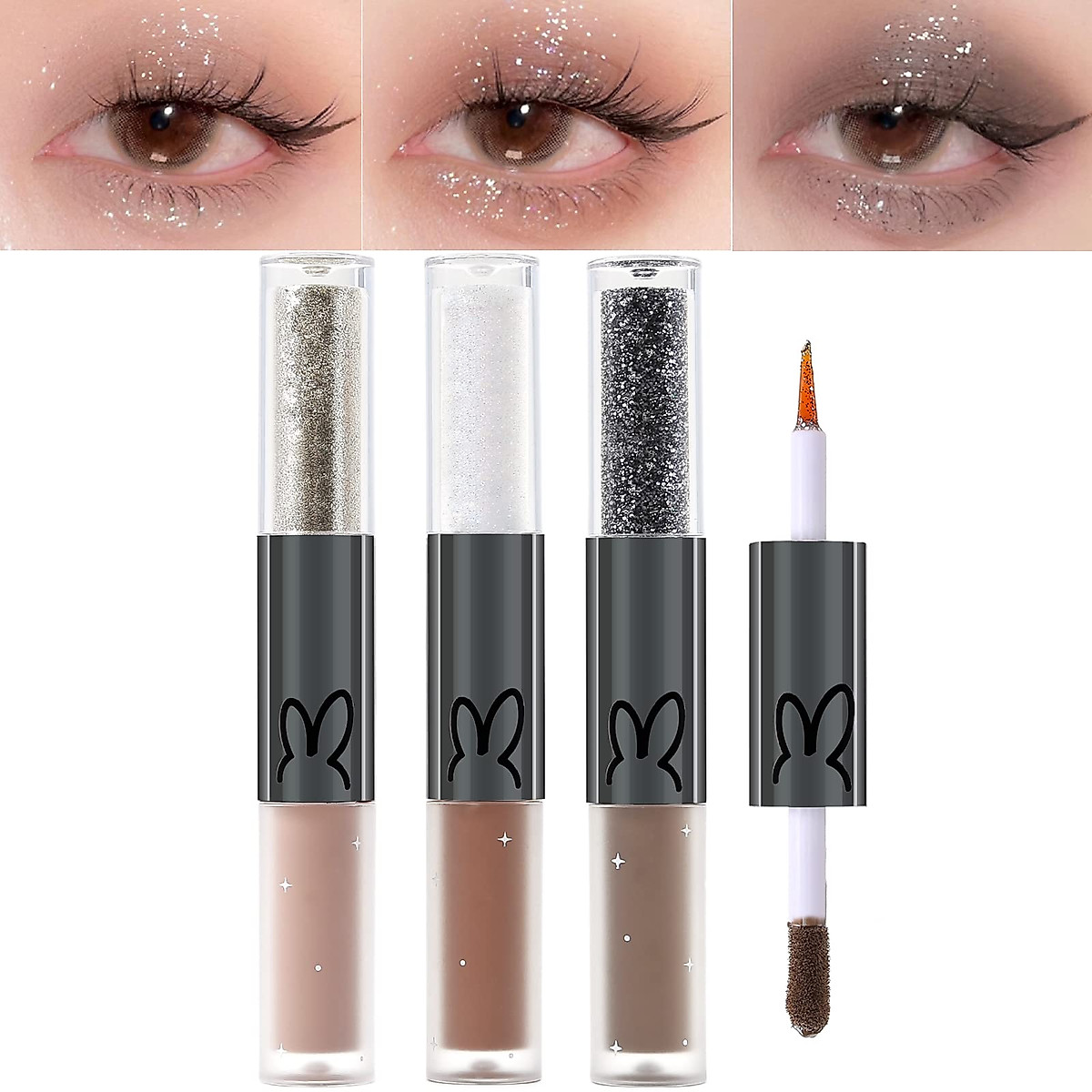 Erinde 3PCS Liquid Glitter Matte Eyeshadow, Liquid Glitter Eyeliner and Matte Cream Eyeshadow 2 in 1, Quick Drying, Easy to Apply, Long Lasting Korean Shimmer Matte Eyeshadow Sparkly Eye Makeup