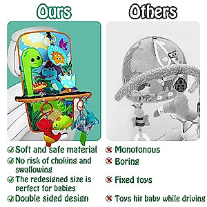 Innofans Baby Car Seat Toys with Dinosaurs Toys - Kick and Play Double Sided Infant Car Seat Toys with Plush Toys, Mirror, Teether for Baby, Baby Travel Activities, Newborn Toys, Infant Toys