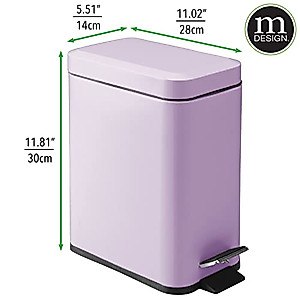 mDesign Small Modern 1.3 Gallon Rectangle Metal Lidded Step Trash Can, Compact Garbage Bin with Removable Liner Bucket and Handle for Bathroom, Kitchen, Craft Room, Office, Garage - Wisteria Purple