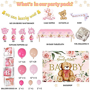 132 PCs Teddy Bear Baby Shower Decorations for Girl, Hombae Pink We Can Bearly Wait Baby Shower Decorations Backdrop Balloon Garland Glitter Banner Tablecloth Cake Cupcake Topper Box Cutout Sash