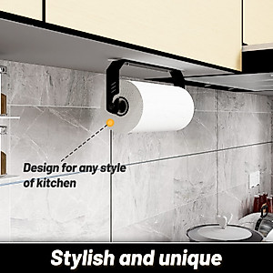 VEHHE Paper Towel Holder Under Cabinet, Perfect Tear Under Counter Paper Towel Holder, Adhesive or Drilling Paper Towel Roll Holder Wall Mount for Kitchen, Easy-Change Paper Towel Rack|Black
