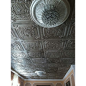Faux Tin Glue up Drop in Ceiling Tile #TD04 Antique Silver. Pack of 10 2'X2' tiles covers 40 sq.ft. Easy to install PVC panels, great for DIY projects - antique vintage look ceiling, 3D wall paneling