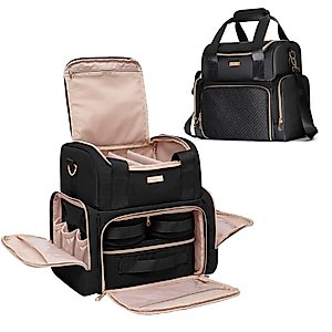Prokva Large Cosmetic Bag with 3 Removable Case, Double Layer Travel Organizer with Inner Dividers and Makeup Brushes Storage Section, Black (Patented Design)