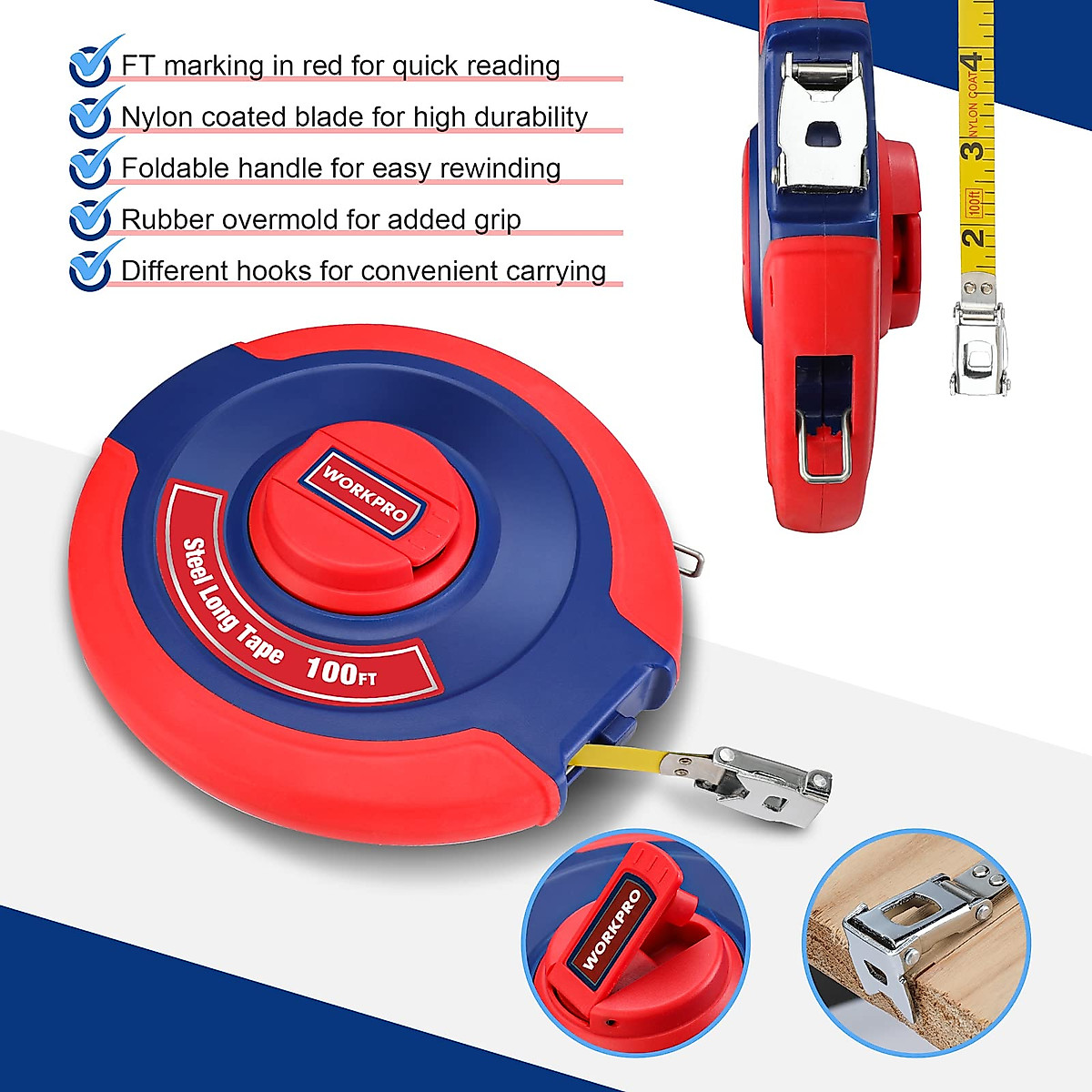 WORKPRO 100 FT Tape Measure, Closed Reel Steel Long Tape with Foldable Handle, Nylon Coated, Plastic and Rubber Case