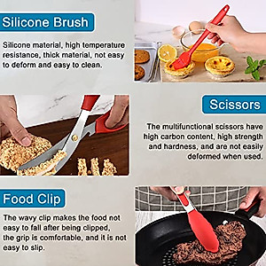 Korean Barbecue Scissors Clip and BBQ Tongs Set for Cooking 3PCS Multifunctional Korean BBQ Tool Set Ultra Sharp Kitchen Shears Silicone BBQ Pastry Oil Brush(Red)