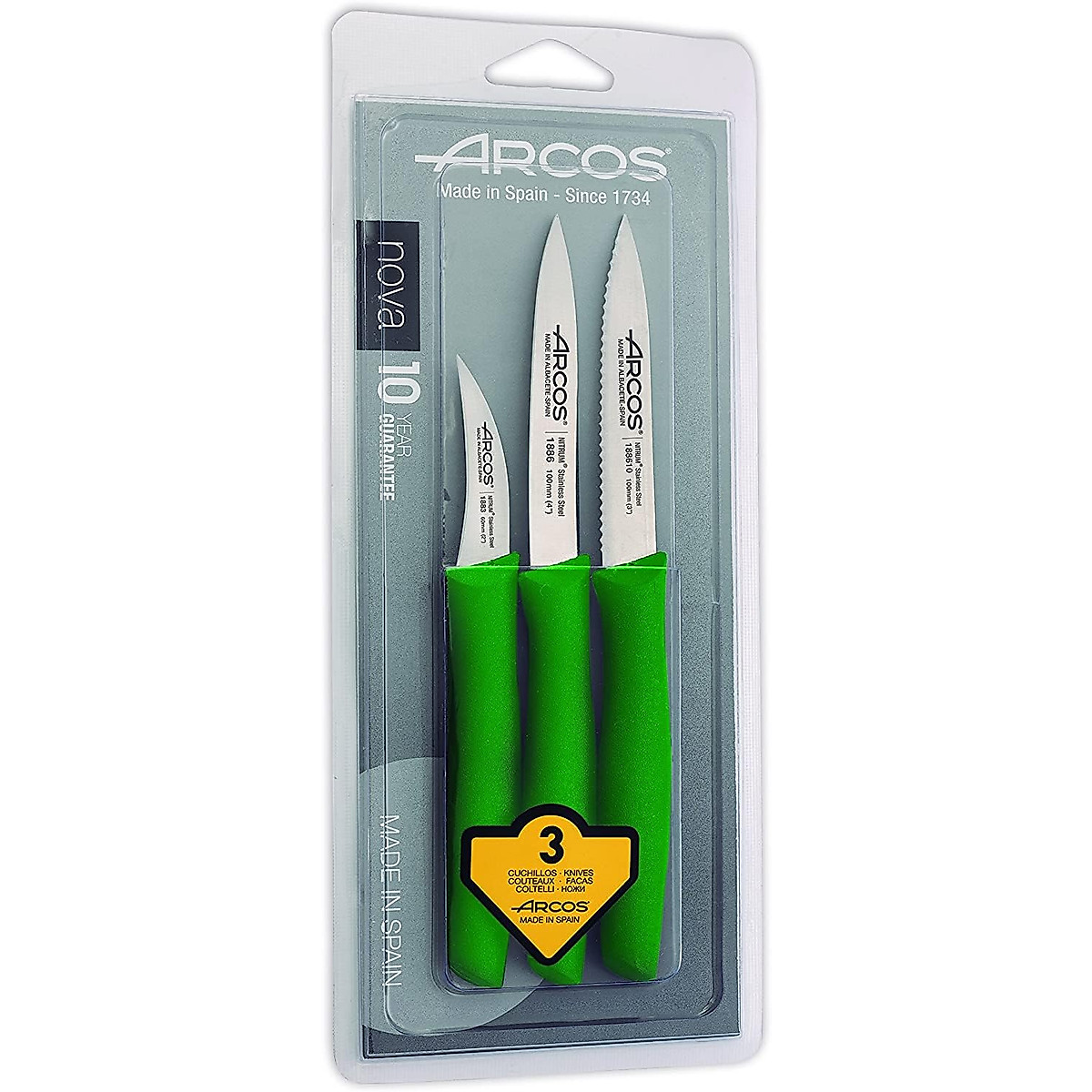 ARCOS 3 Pieces Paring Knife Set. 3 Peeling Knives of Stainless Steel and Ergonomic Polypropylene Handle for Cutting Fruits, Vegetables and Tubers. Series Nova. Color Green