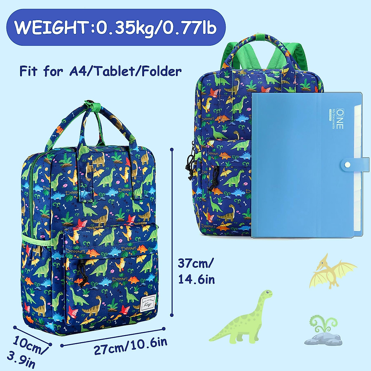 Kasqo Kids Backpack, Lightweight Water Resistant Preschool Toddler Bookbags for Little Boys and Girls with Chest Strap, Green Dinosaur