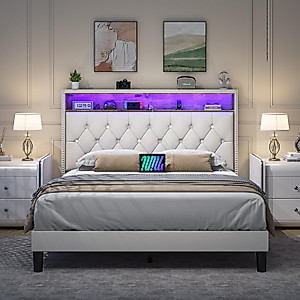HOMBCK Queen Size Bed Frame with Led Lights, Led Bed Frame with Charging Station & Storage Shelf Headboard, White Velvet Upholstered Bed Frame with Diamond Tufted, No Box Spring Needed, Noise-Free