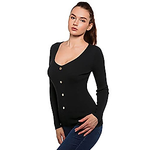 AmélieBoutik Women V Neck Long Sleeve Button Embellished Pullover Sweater (Black Medium)