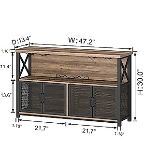 LVB Wine Bar Cabinet, Industrial Sideboard Buffet/Coffee Bar Cabinet for Liquor and Glasses, Farmhouse Metal Wood Rack Cabinet for Home Living Dining Room Kitchen, Rustic Oak, 47 Inch