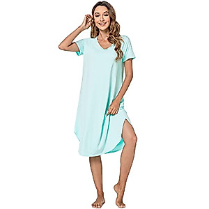 QUALFORT Womens Bamboo Nightgown Short Sleeve Sleepwear V Neck Loungewear Side Slit Soft Nighdress Aqua Green Medium