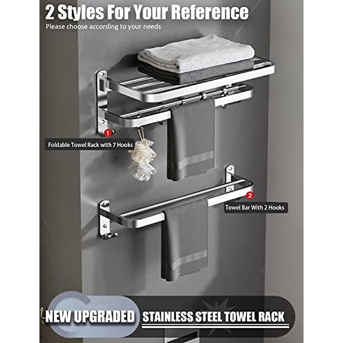 IKITCHEN Towel Racks for Bathroom, Stainless Steel Towel Holder Wall Mounted with 2 Hooks, Bathroom Shelf with Towel Bar 23Inch Polished Silver