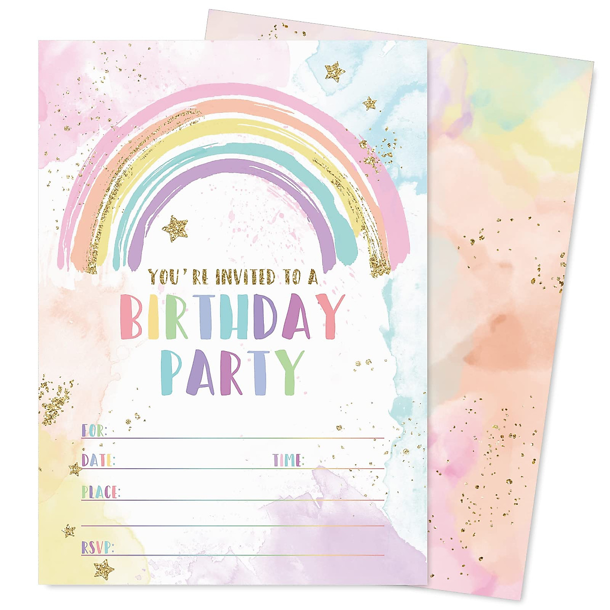 AnyDesign Rainbow Birthday Party Invitations with Envelopes Stickers Watercolor Birthday Paper Invitation Cards for Kids Party Celebration Supplies, Set of 20