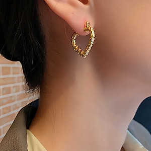 Heart Hoop Earrings for Women 14K Gold Plated Hypoallergenic Bamboo Cubic Zirconia Hoops Lightweight Heart Huggie Earrings for Women Jewelry Gift