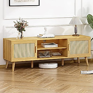 SUPERJARE Boho TV Stand for 55 Inch TV, Entertainment Center with Adjustable Shelf, Rattan TV Console with 2 Cabinets, Media Console, Solid Wood Feet, 4 Cord Holes, for Living Room - Natural