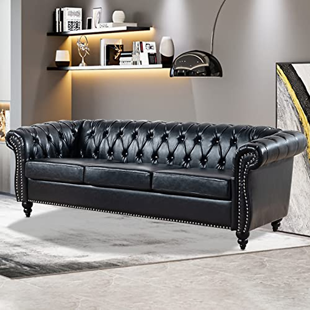 Vaztrlus Chesterfield Sofas for Living Room, Rolled Arm 3-Seater Leather 84" Large Couch Deep Button Nailhead Tufted Black Upholstered Couches for Bedroom, Office Apartment Easy to Assemble