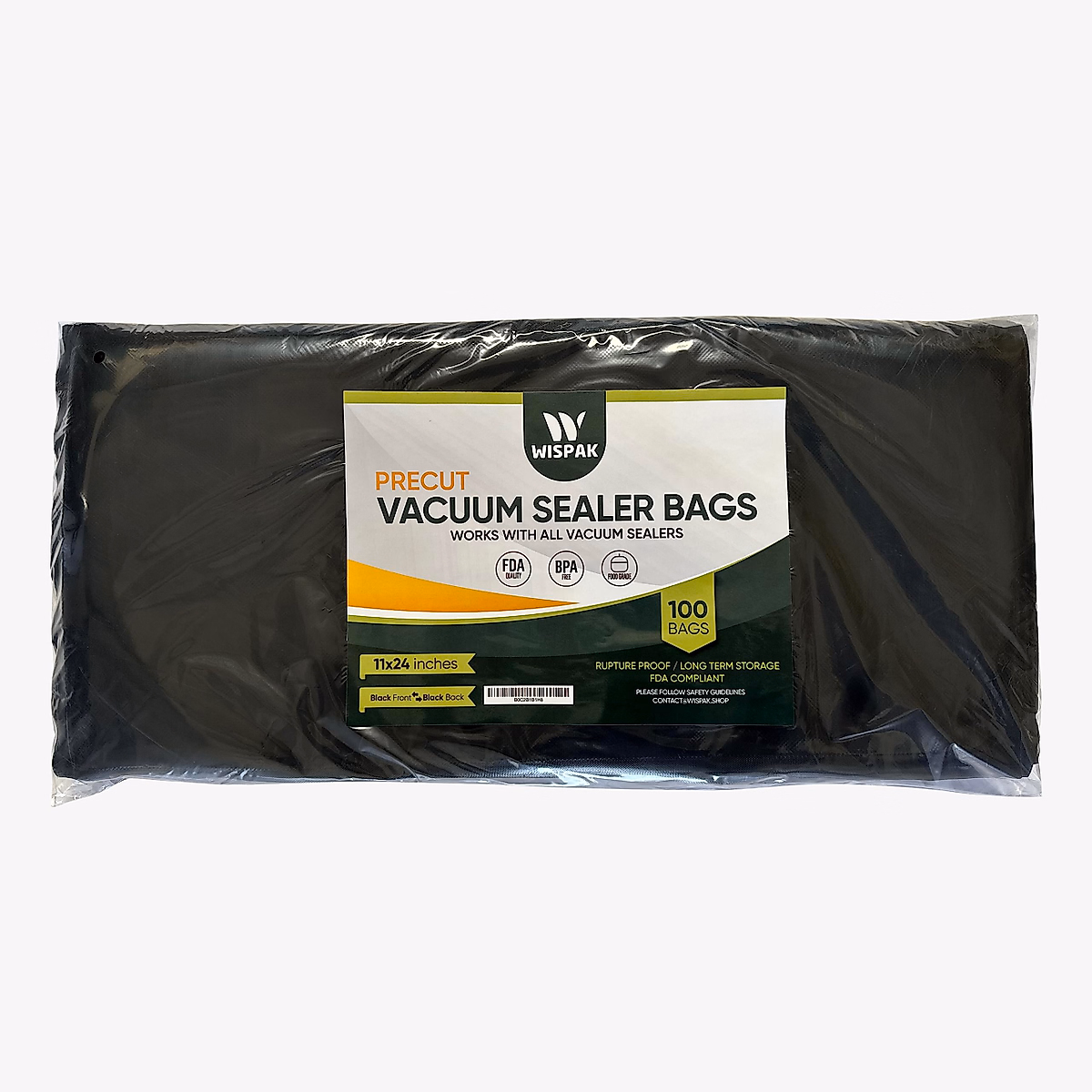 WISPAK Vacuum Sealer Bags food grade BPA free vac seal 100 pieces (Black/Black, 11x24)