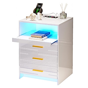 HNEBC RGB LED Nightstand with Wireless Charging Station, Smart Night Stand with 3 Drawers and Sliding Tray, Modern Bedside Table for Bedroom Furniture, High Gloss End Sofa Tables (White)
