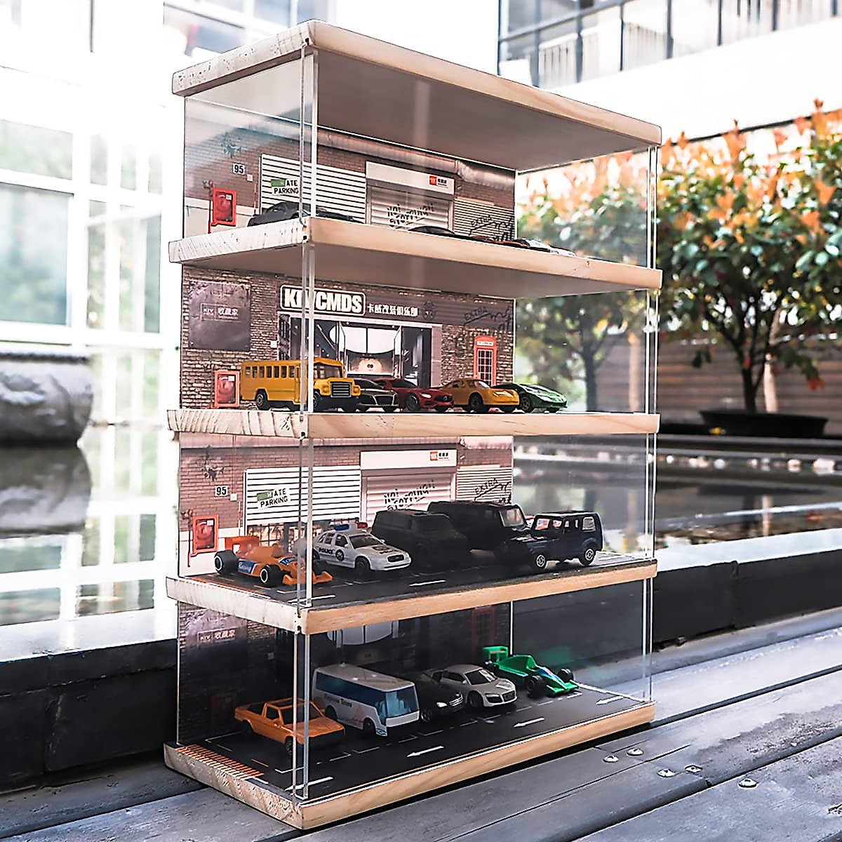 kivcmds 1:64 Scale 4-Tiers Vehicle Model Display Case for Sports Car and Lego Model Collectors, Display Stand for Alloy Car Model Toy with Parking Lot Scene (4-Tiers Auto Repair Store Scene)