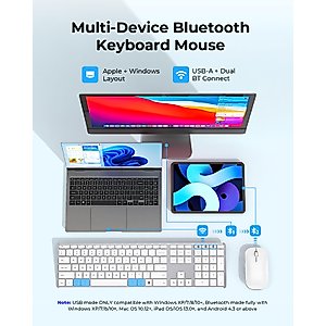 Wireless Bluetooth Keyboard and Mouse Combo (USB + Dual BT), seenda Multi-Device Rechargeable Slim Keyboard and Mouse, Compatible for Win 7/8/10, MacBook Pro/Air, iPad, Tablet - White Silver