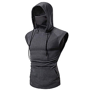 JSFOIRYROU Mens Workout Hooded Tank Top with Mask Gym Muscle Cut Off Short Sleeves T Shirt Hoodies Active Base Layer Top Vest (Gray,Large)