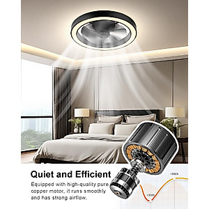 DOURARY Flush Mount Ceiling Fans with Lights and Remote, Minimalist 20 in Dimmable Low Profile Ceiling Fan, Match any Interior, Stepless Color Temperature Change, and 6 Speeds - Black